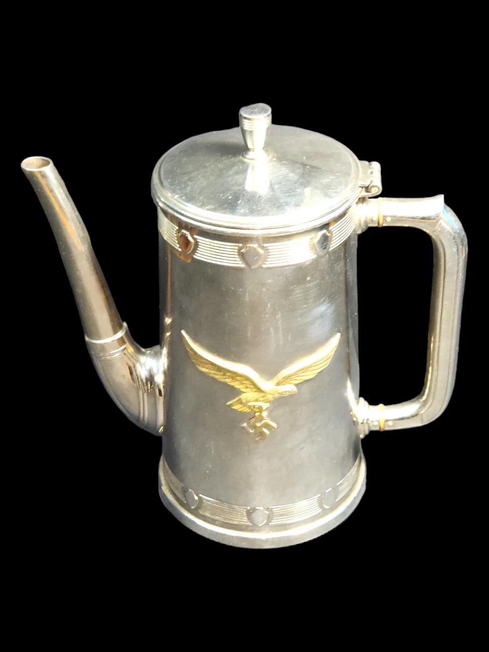 WW2 Waffen Teapot with Brass Eagle & Swastika Emblem - 8"x7.5"