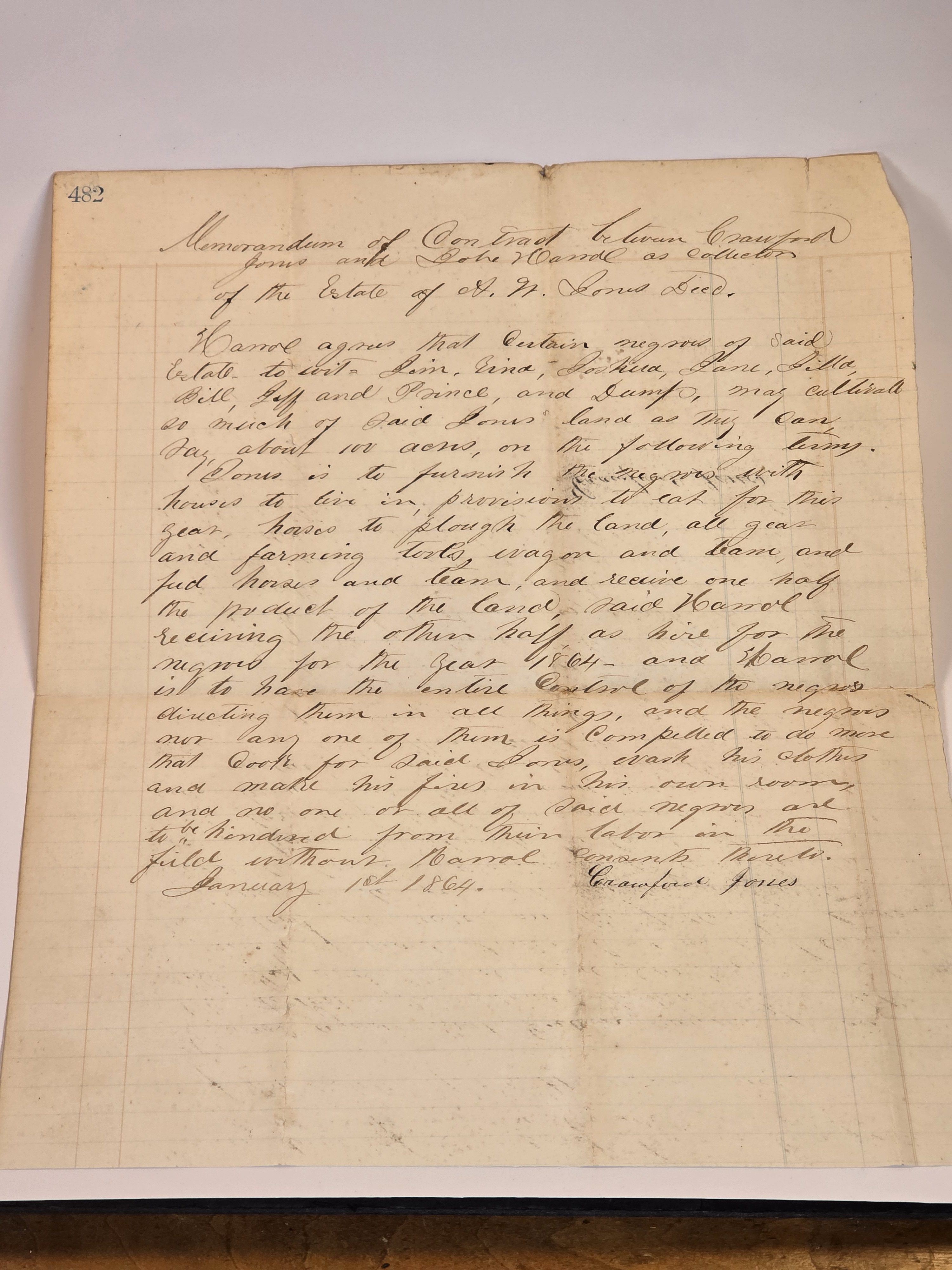 1864 Slavery Contract - Civil War Document w/ Names Listed